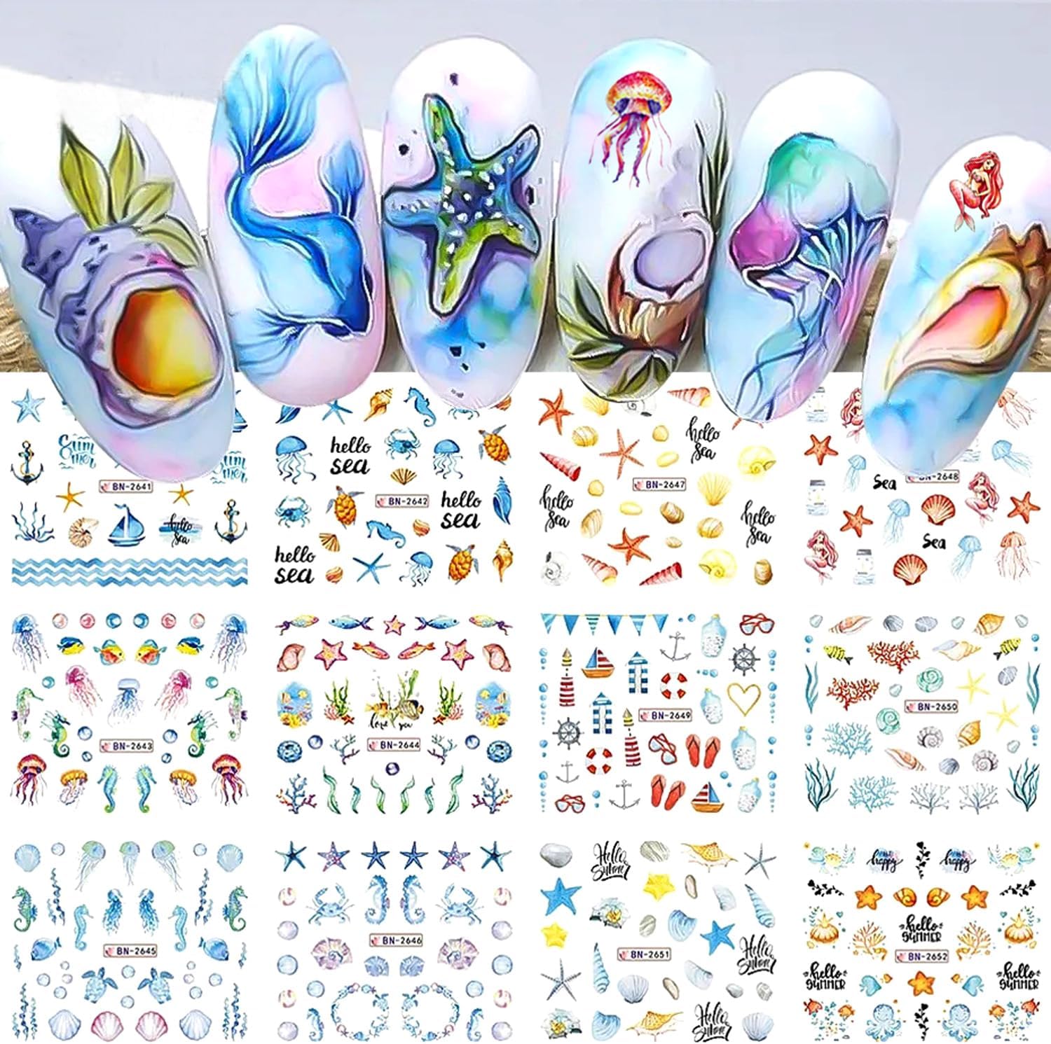 Amazon.com: 12 Sheets Summer Nail Art Stickers Decals Ocean World Water ...