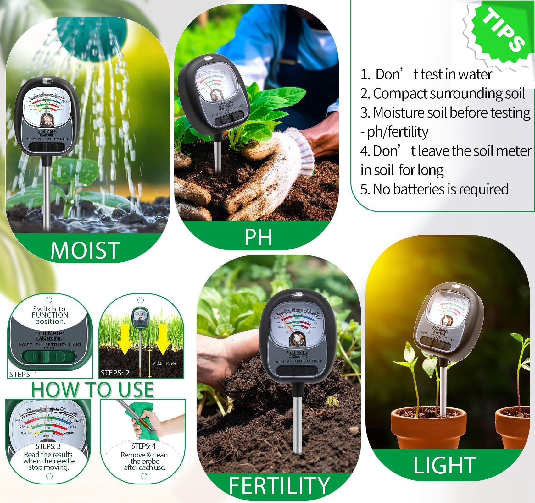 Snapklik.com : 4-in-1 Soil Test Kit, Soil Moisture Meter/Light ...