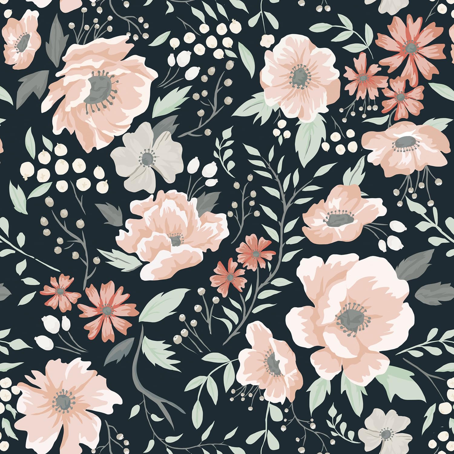 Heroad Brand 16.1"x393" Retro Floral Peel and Stick Wallpaper Dark Blue ...