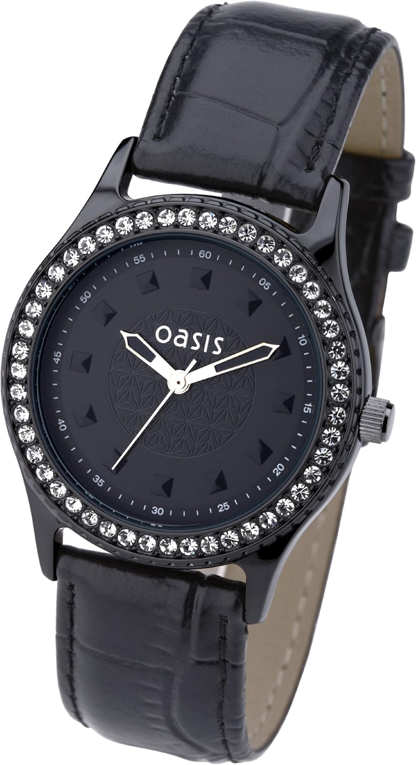 Oasis B783 Stone Set Round Face Croc Strap Watch- Black/ Rosegold ...