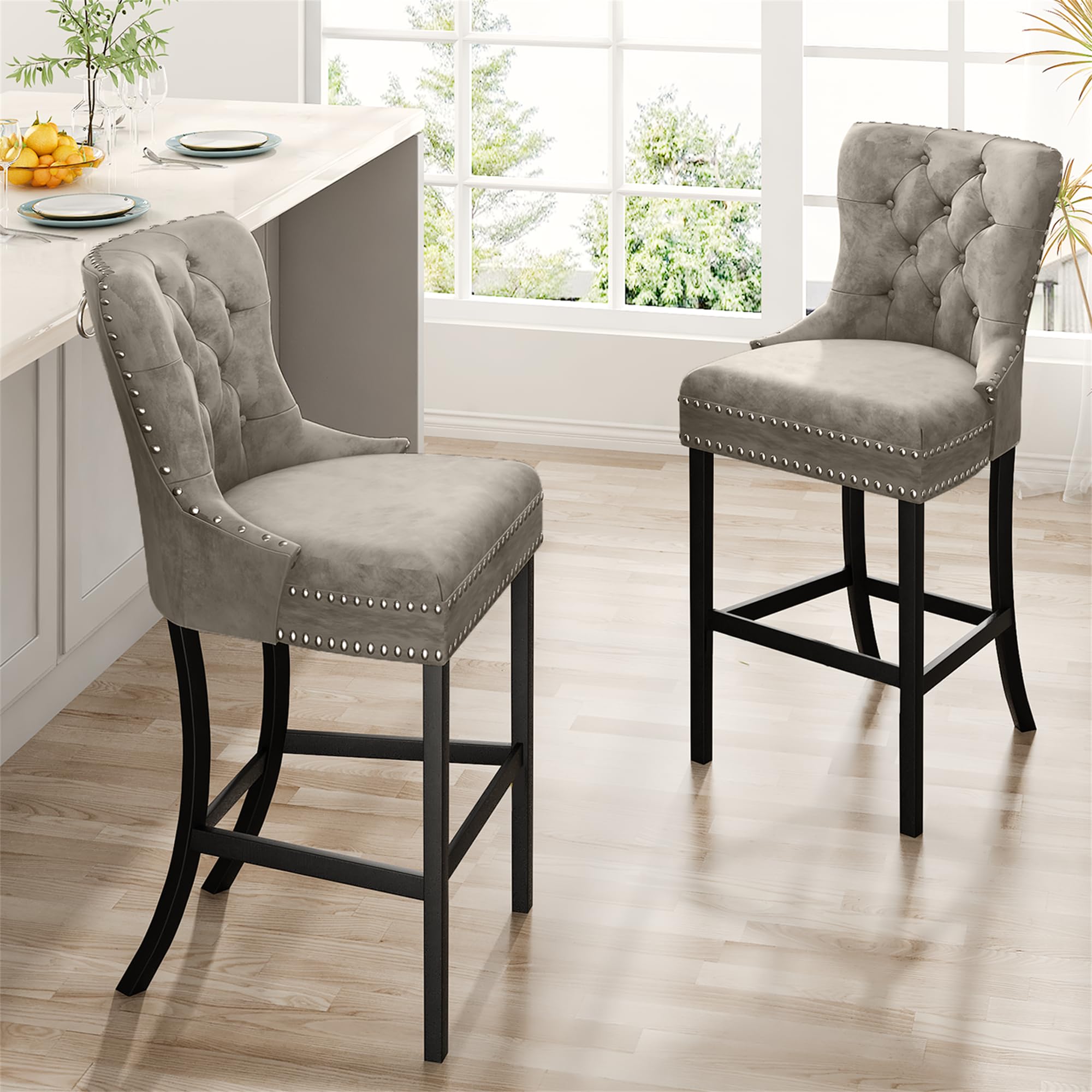 Snapklik.com : Light Grey Velvet Bar Stools Set Of 2, Counter Height ...