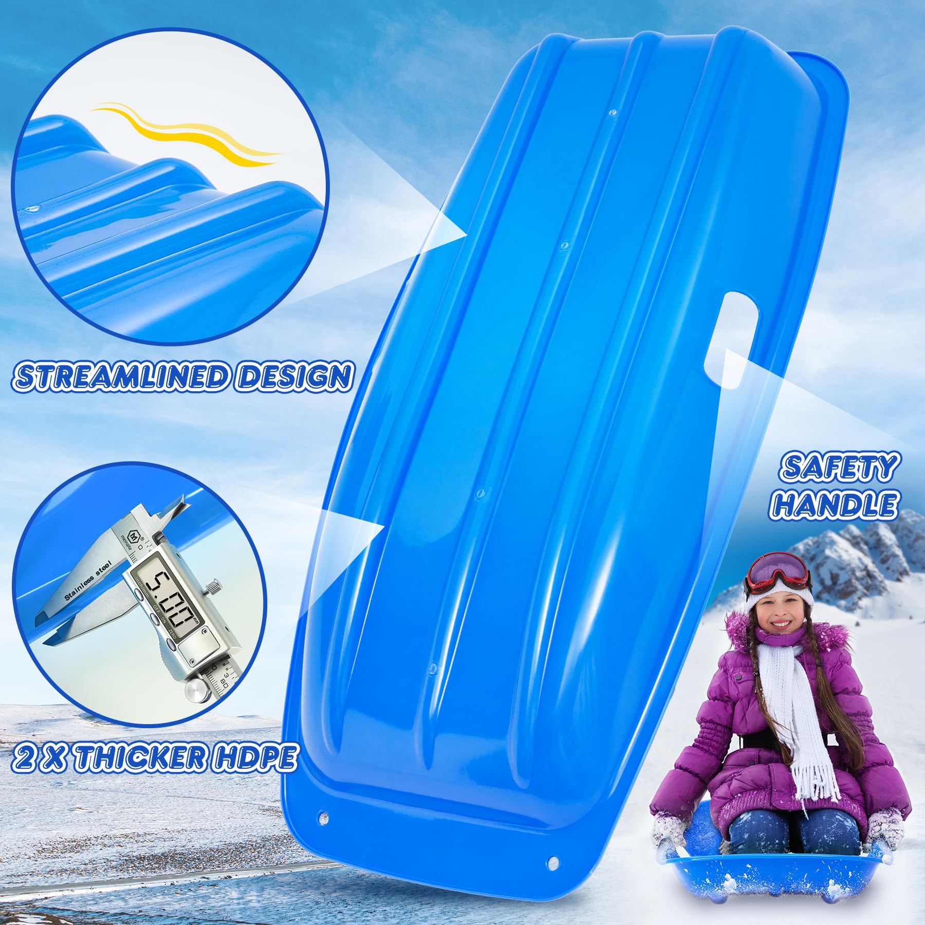 Snow Sled - 2 Pack Classic Sleds for Kids and Adults Flexible Toboggan ...