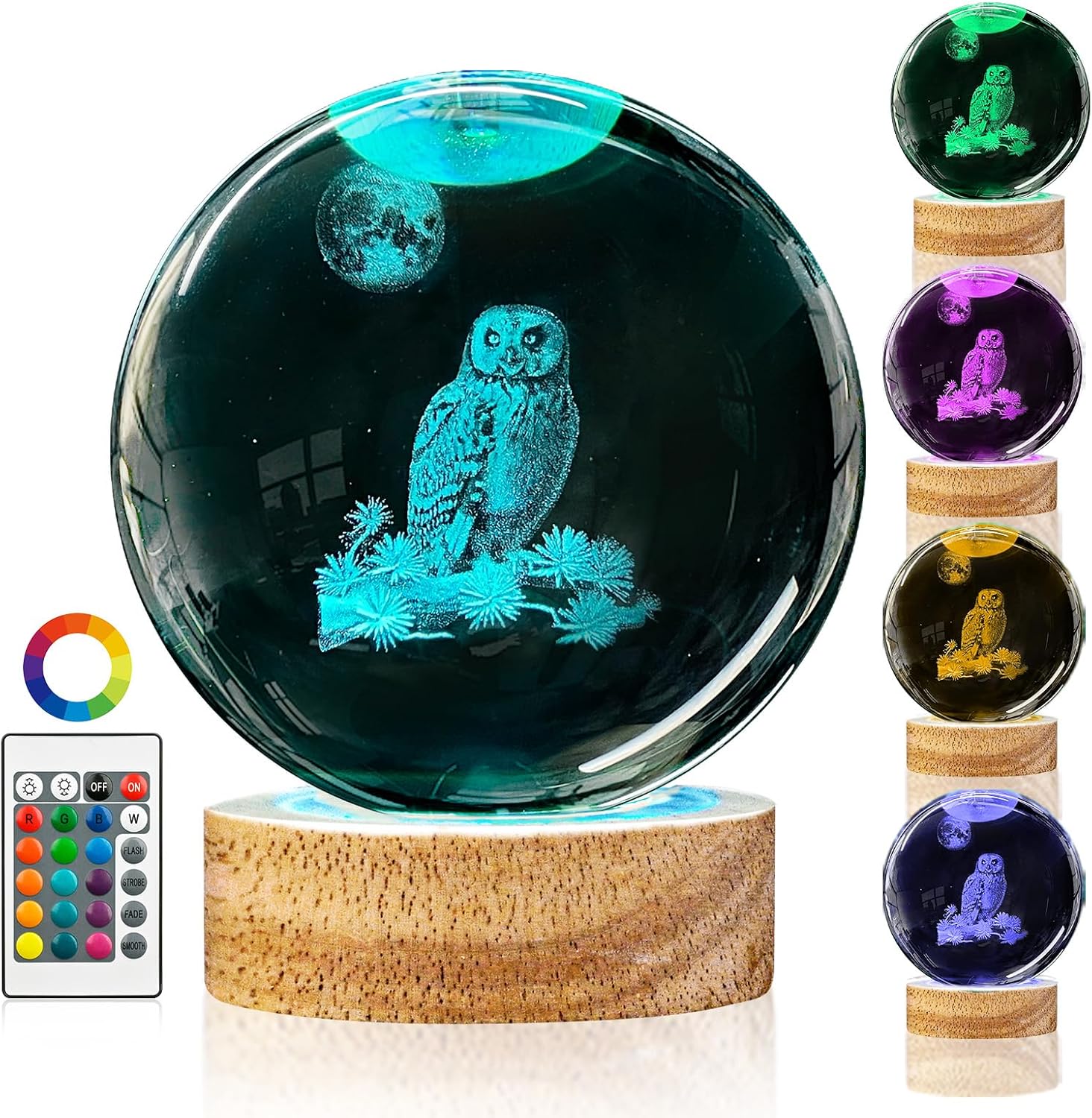DCORIUNTG 3D Owl Crystal Ball Night Light with Remote Upgraded 3.15 in ...