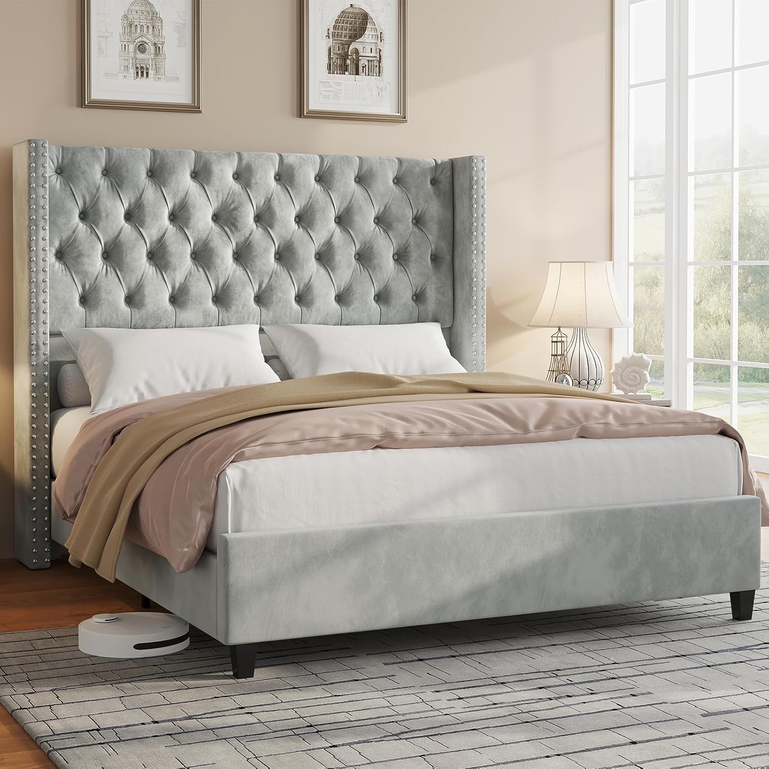 Amazon.com: Jocisland King Upholstered Bed Frame with Tall Headboard ...