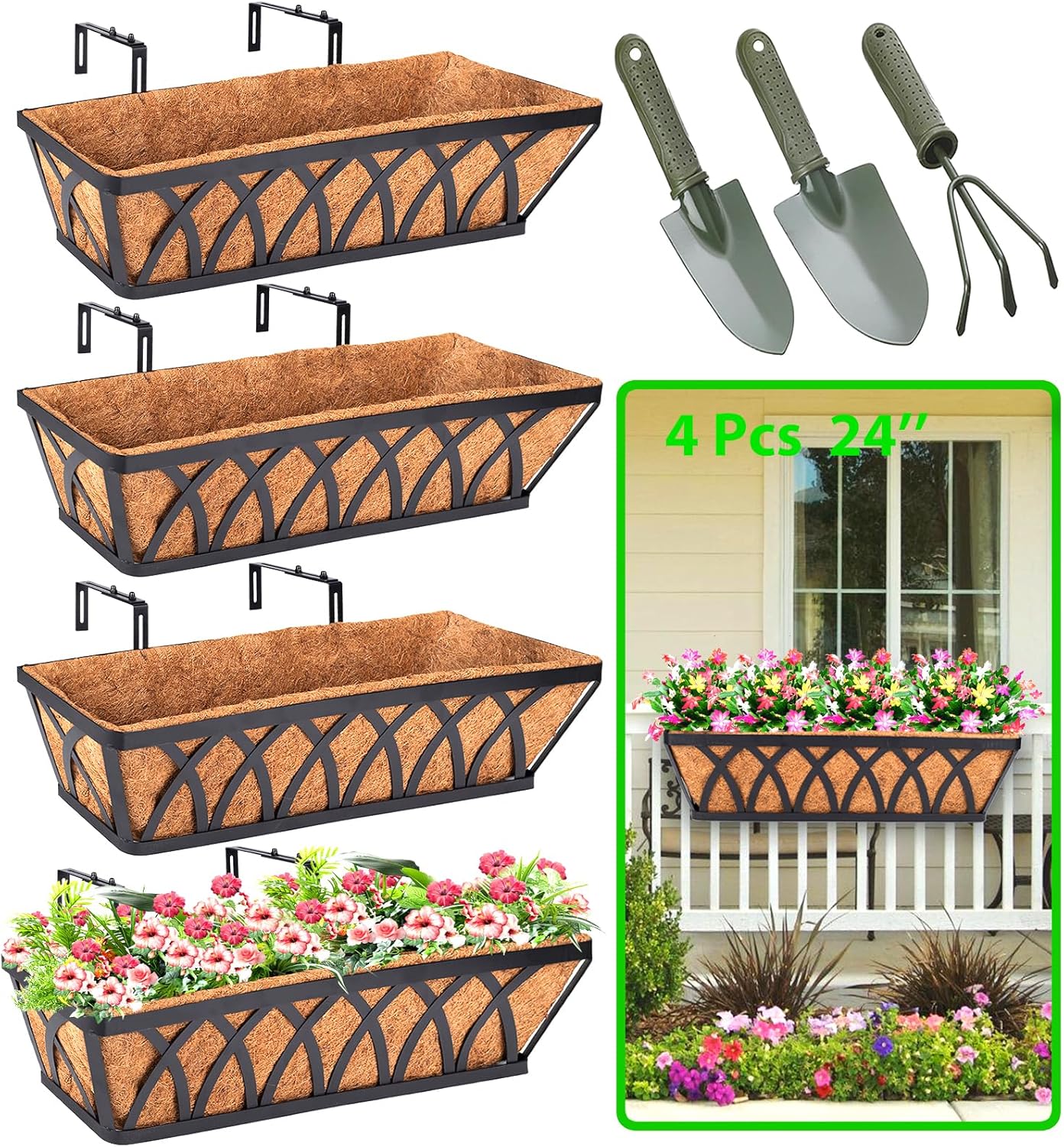 Deck Railing Planter Window Box - 4 Pack 24 Inch Deck Balcony Rail ...