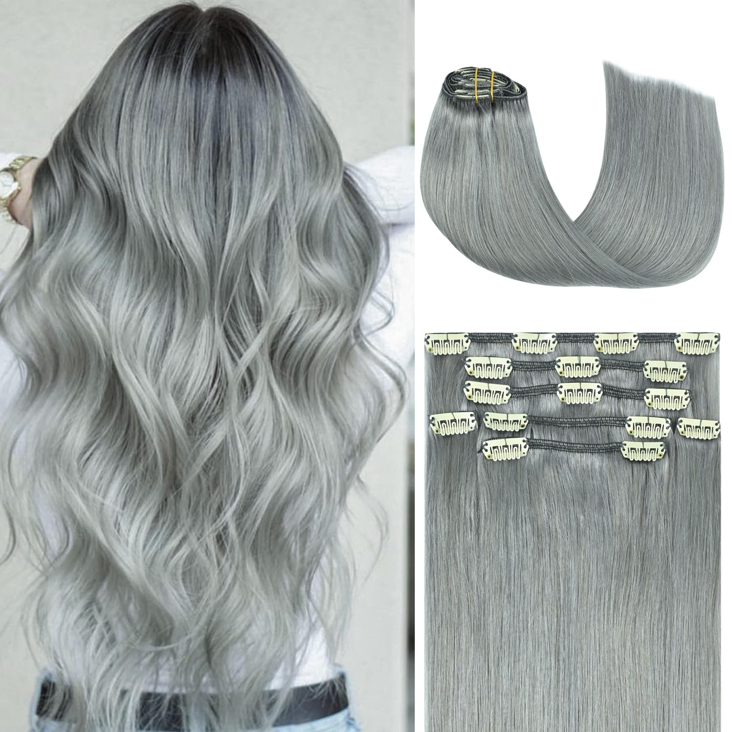 Amazon.com : Honsoo Gray Hair Extensions Real Human Hair Clip Ins 70g ...
