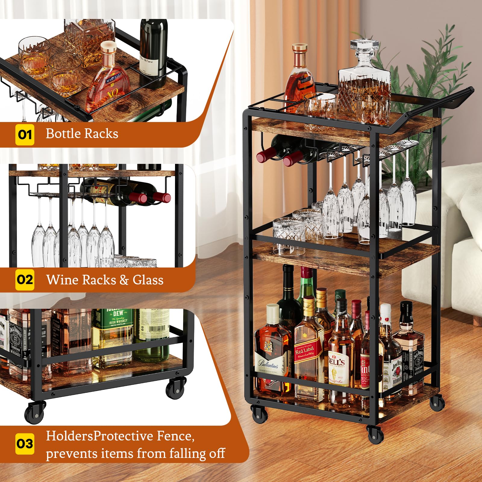 Snapklik.com : LOTEYIKE 3 Tier Bar Cart, Mini Liquor Utility Cart For ...