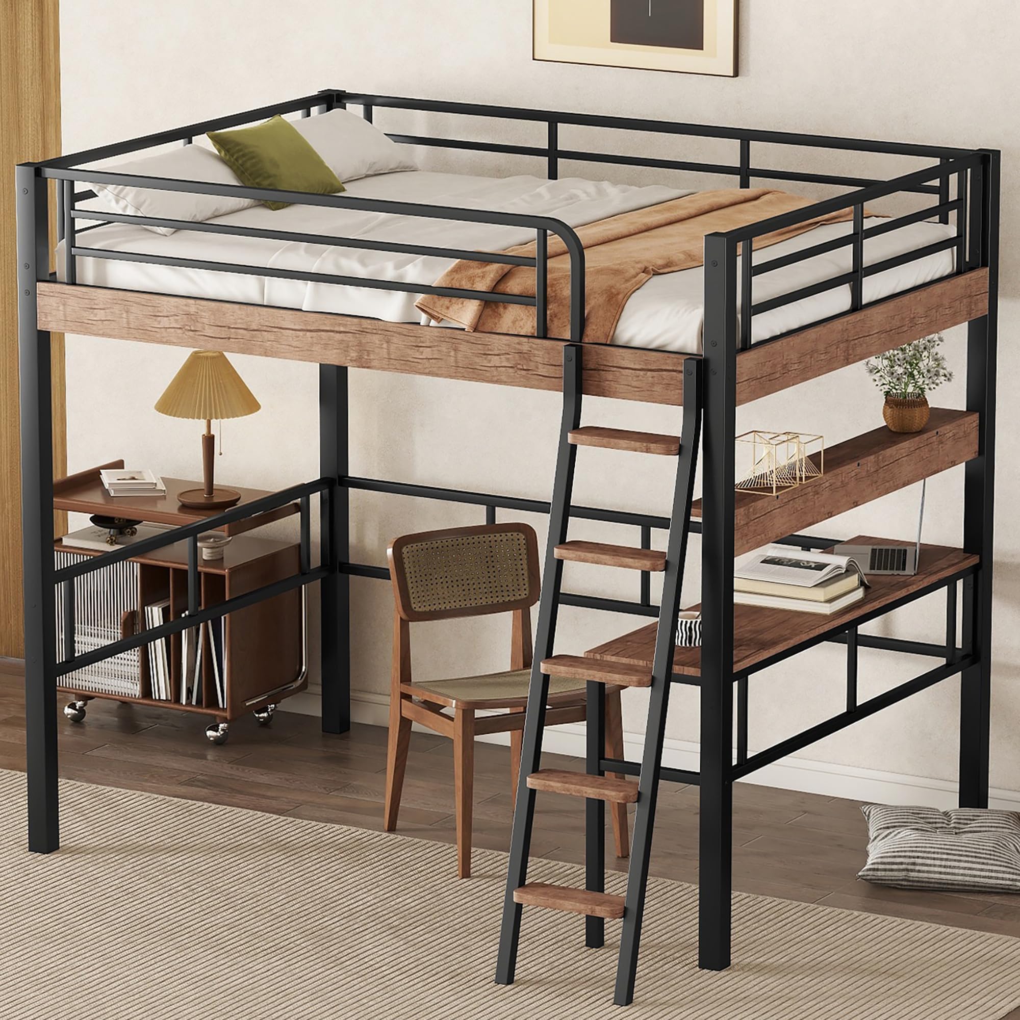 Amazon.com: Full Size Loft Bed with Desk and Storage Shelf, Metal Loft ...