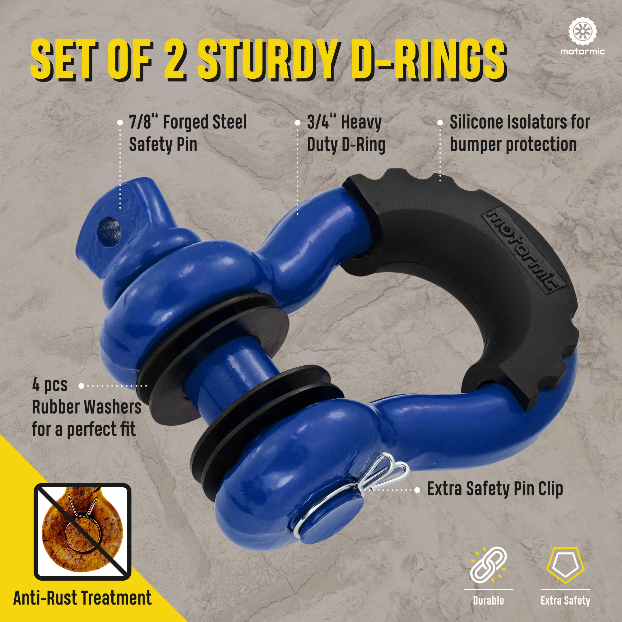 Snapklik.com : Motormic Unique D Ring Shackles 2 Pack Blue - 3/4" Clevis