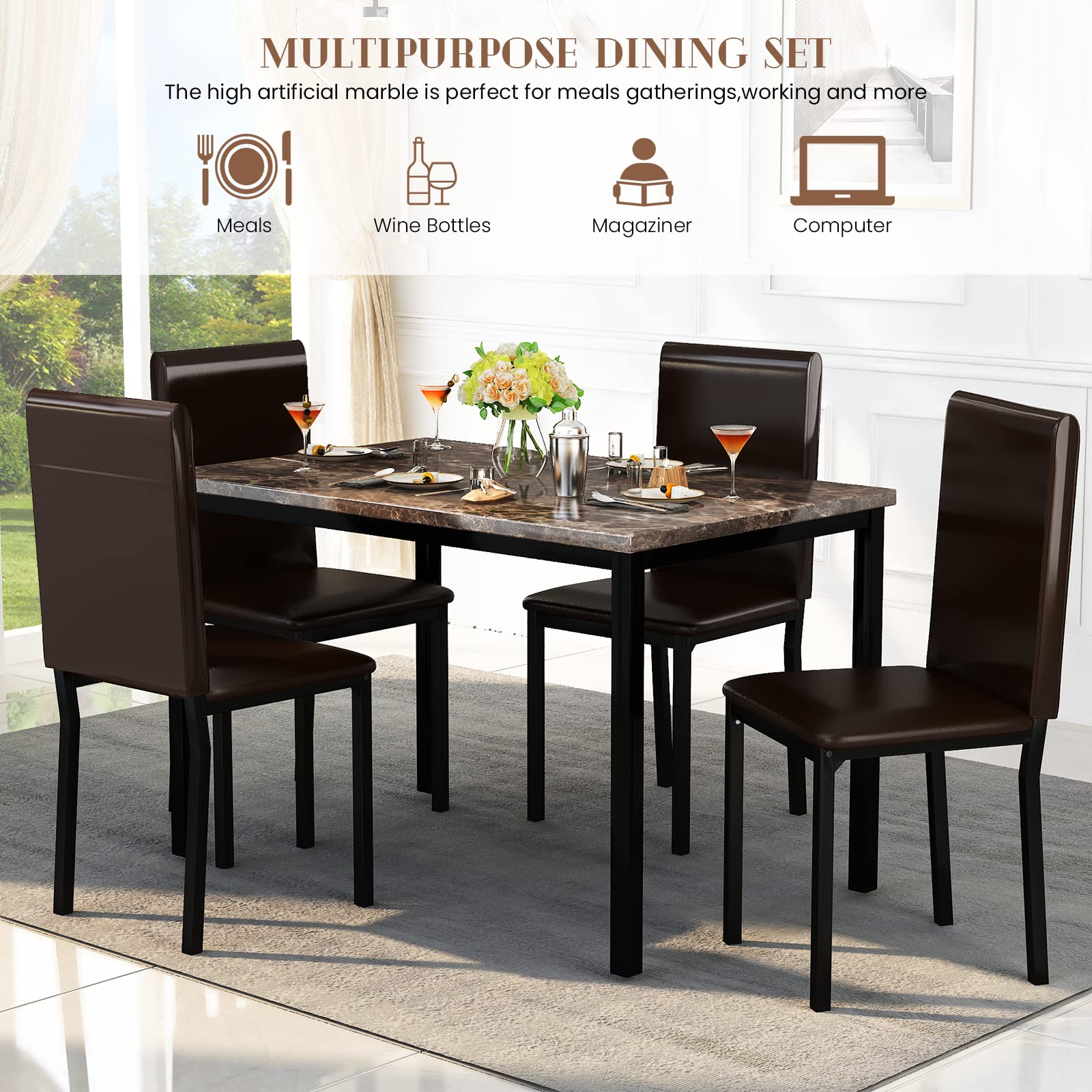 Lamerge Dinning Table Sets for 4, 5 Piece Dining Room Table Set with PU ...