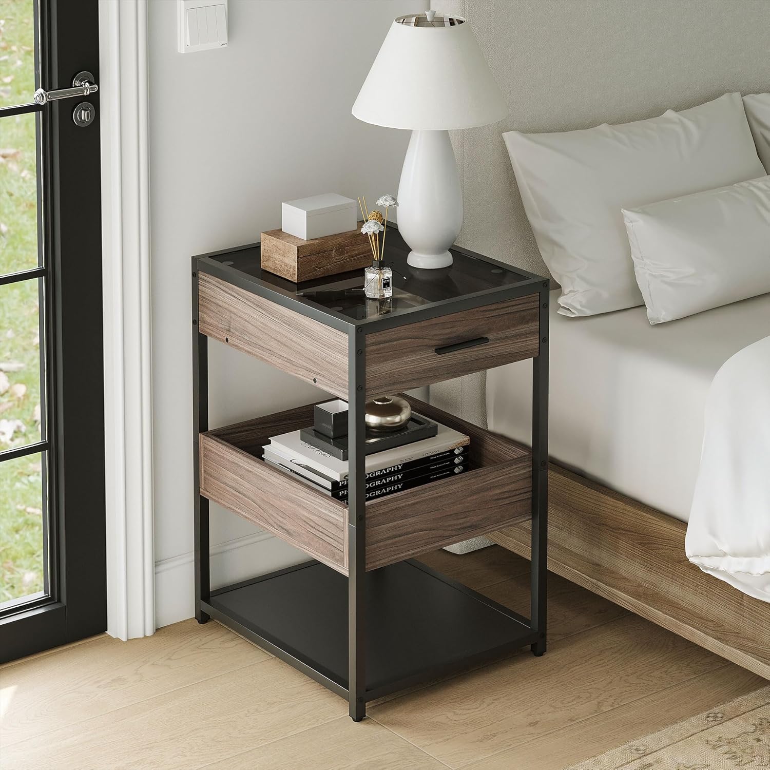 YITAHOME Black Bedside Table 3-Tier,Nightstand with Drawers,Black ...