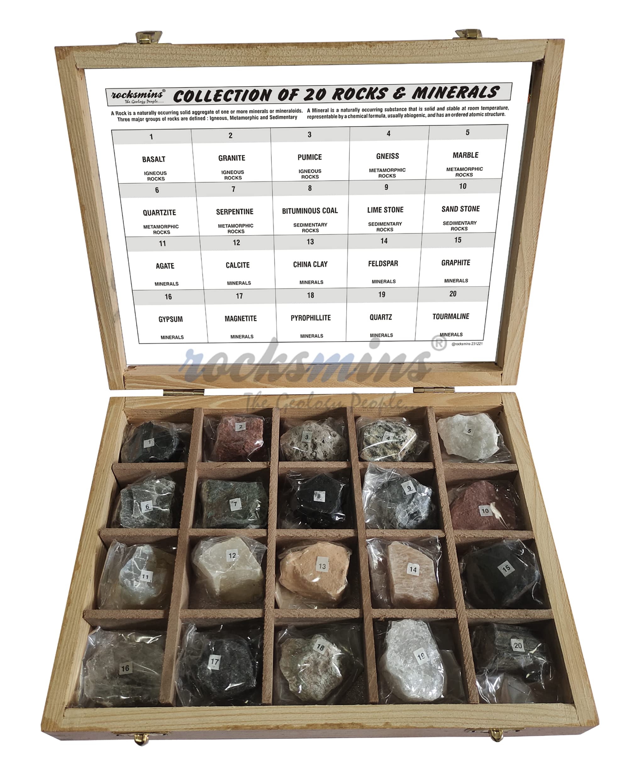 Buy Rocksmins RM20WB-SC Collection of 20 Rocks & Minerals in Wooden Box ...