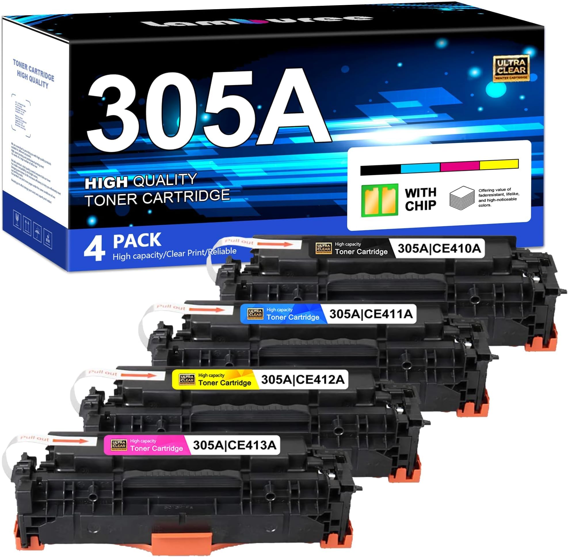 Amazon.com: 305A Toner Cartridge 4 Pack (with Chip) Replacement for HP ...