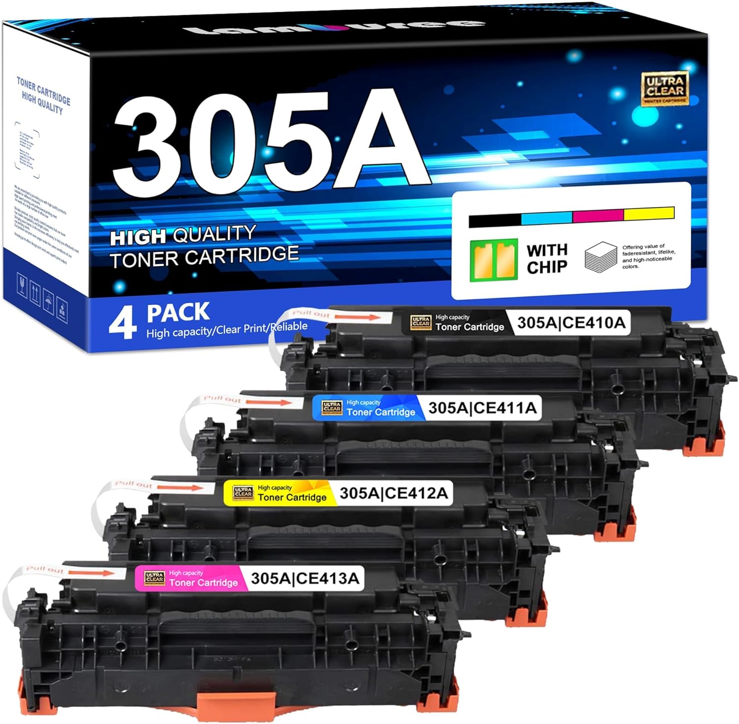 Amazon.com: 305A Toner Cartridge 4 Pack (with Chip) Replacement for HP 305A for Pro 400 Color ...
