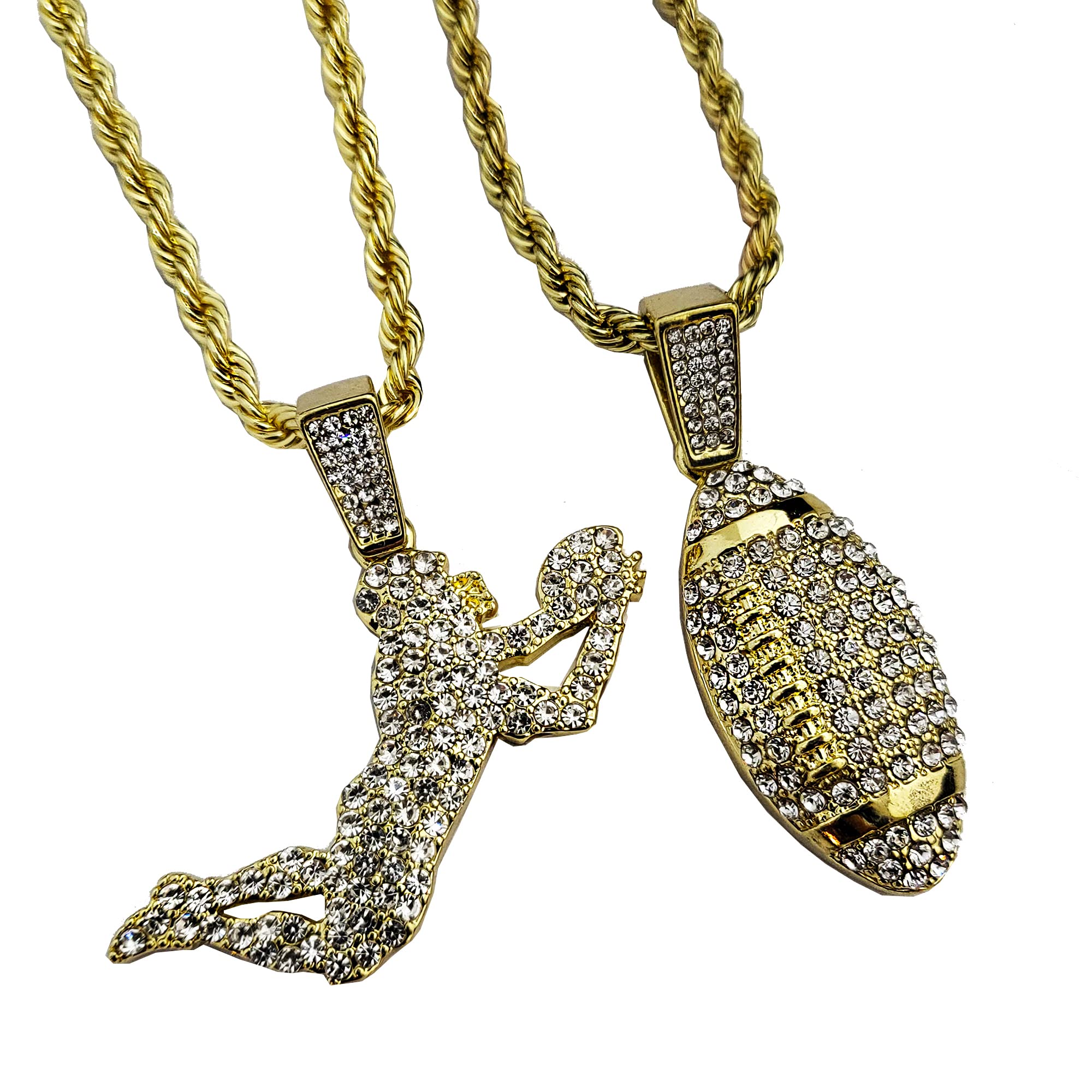 14K Gold Silver Plated Iced Simulated Diamond Football Player & Ball ...