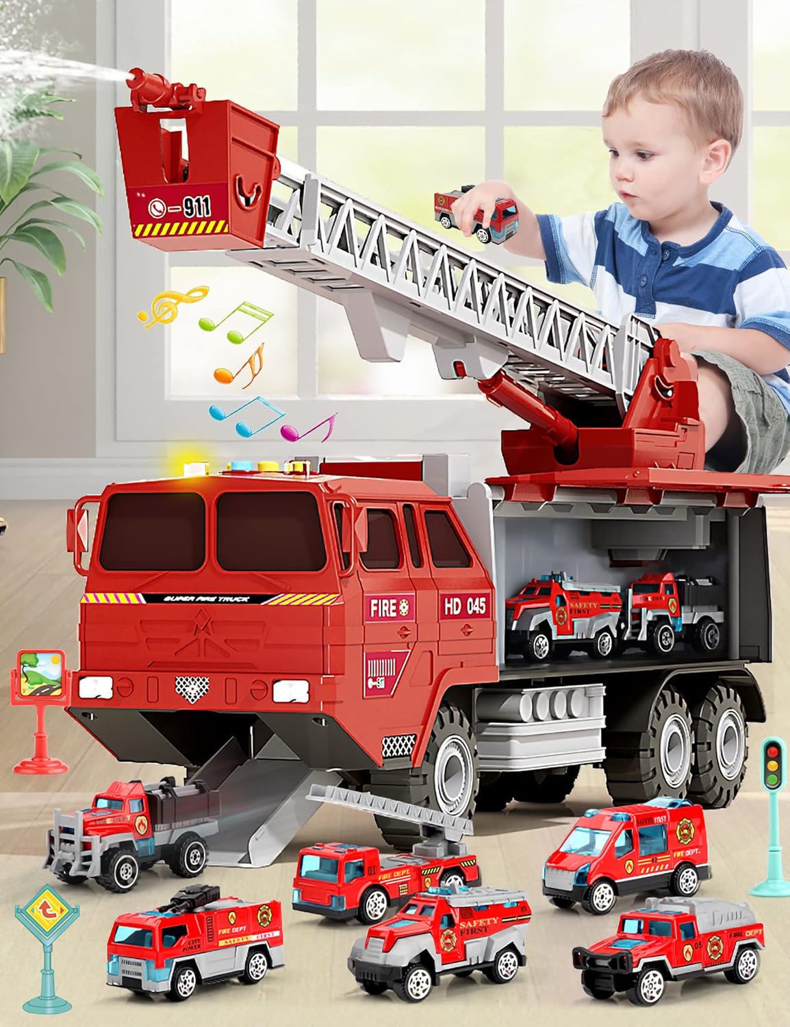 Amazon.com: HSEONEJIA 12 Pcs Big Fire Engine Truck Toy Set with Water ...
