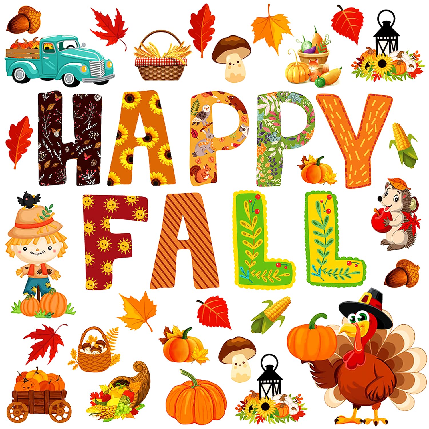 Amazon.com: 56 PCS Happy Fall Cut-Outs Pumpkin Maple Leaves Cut Outs ...