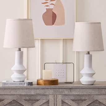 20" White Ceramic Table Lamp Set of 2 - 3-Way Dimmable Nightstand Lamps ...