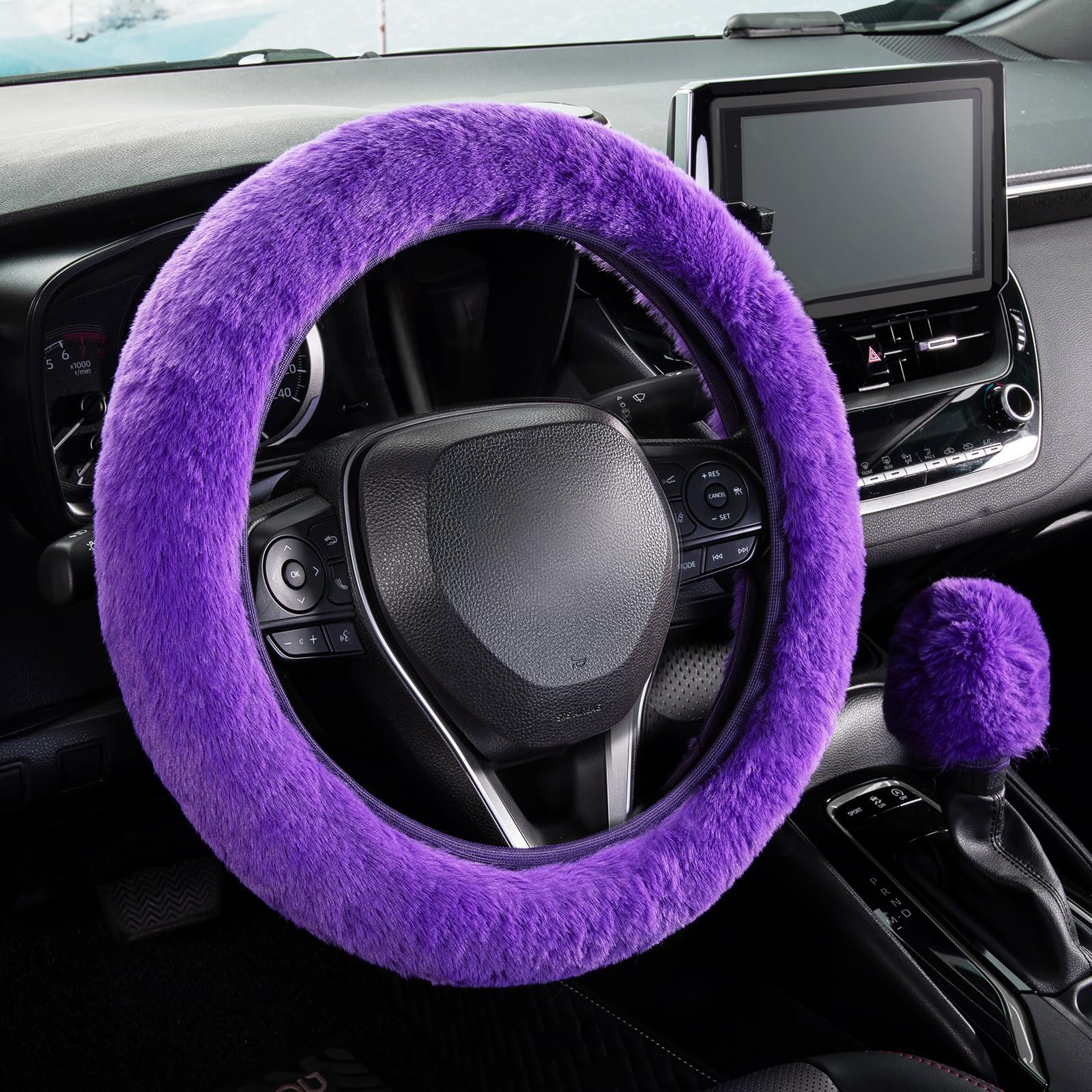 Amazon.com: Ziciner 3PCS Wool Steering Wheel Cover with Fuzzy Handbrake ...