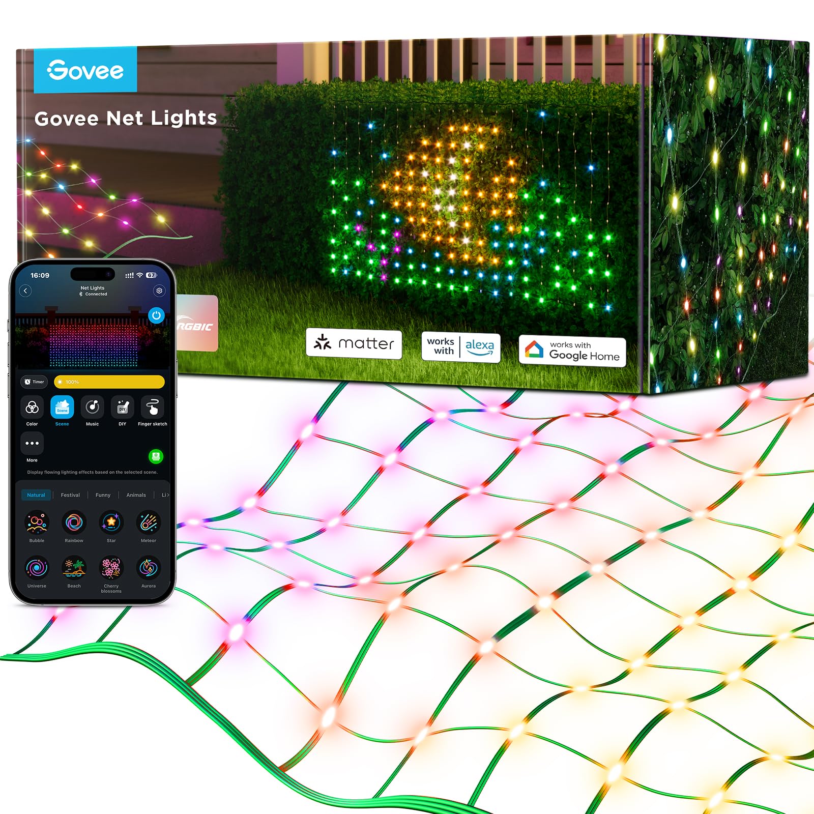 Govee Outdoor Net Lights, 2.8 × 4.7ft with RGBIC and DIY Functions, 240 ...