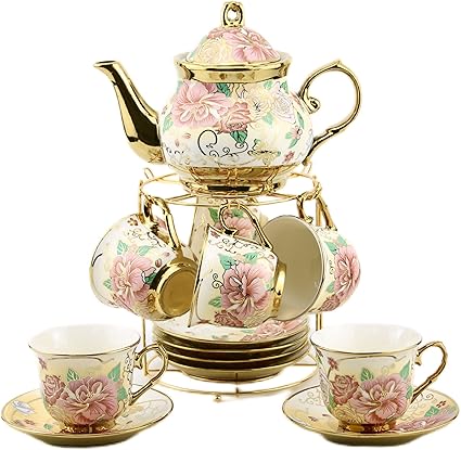 Amazon.com | 20 Pieces Porcelain Tea Set With Metal Holder, European ...