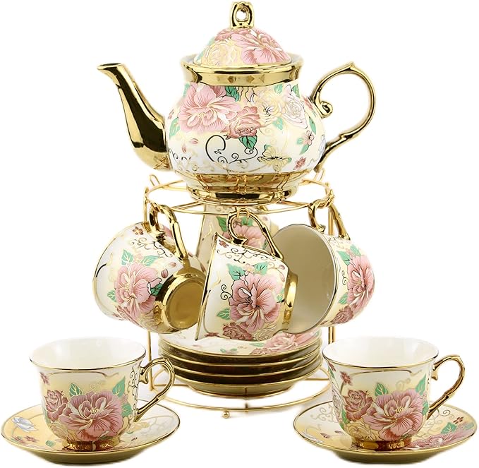 Amazon.com | 20 Pieces Porcelain Tea Set With Metal Holder, European ...