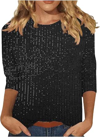 Womens Sparkle Sequin Tops Fashion 3/4 Sleeve Crewneck Shimmer Glitter ...