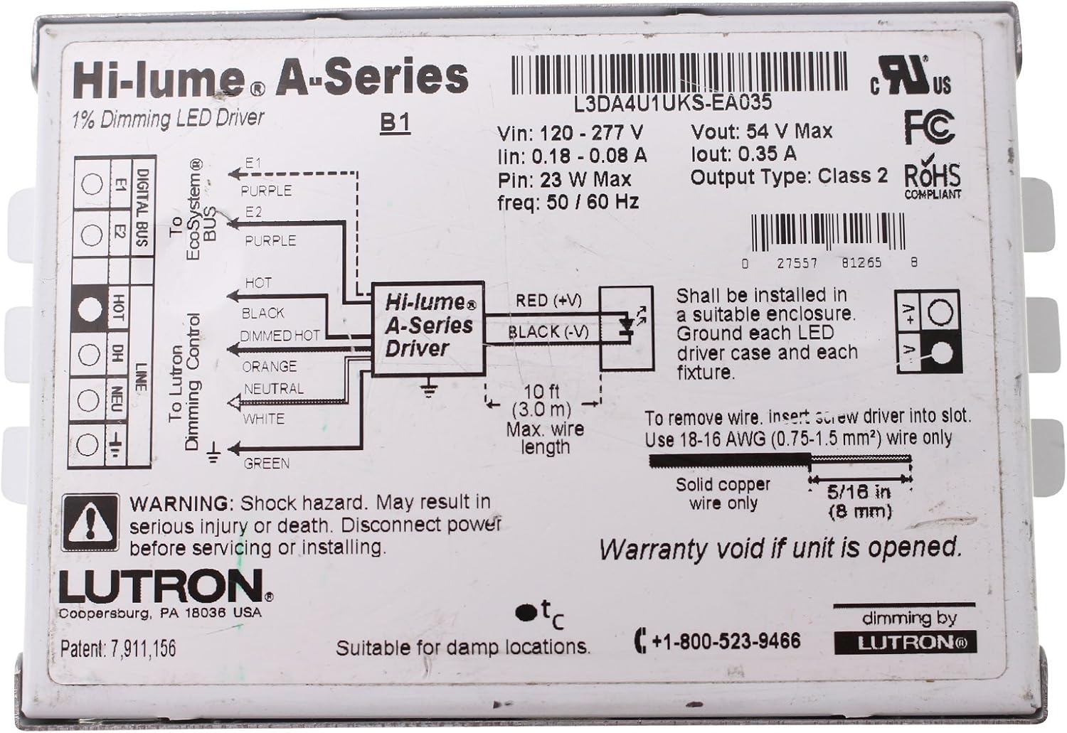 Lutron L3DA4AU1UKS-EA035 Hi-Lume Dimmable LED Driver, 54V, 23W, 120/277V Input, Low Voltage ...