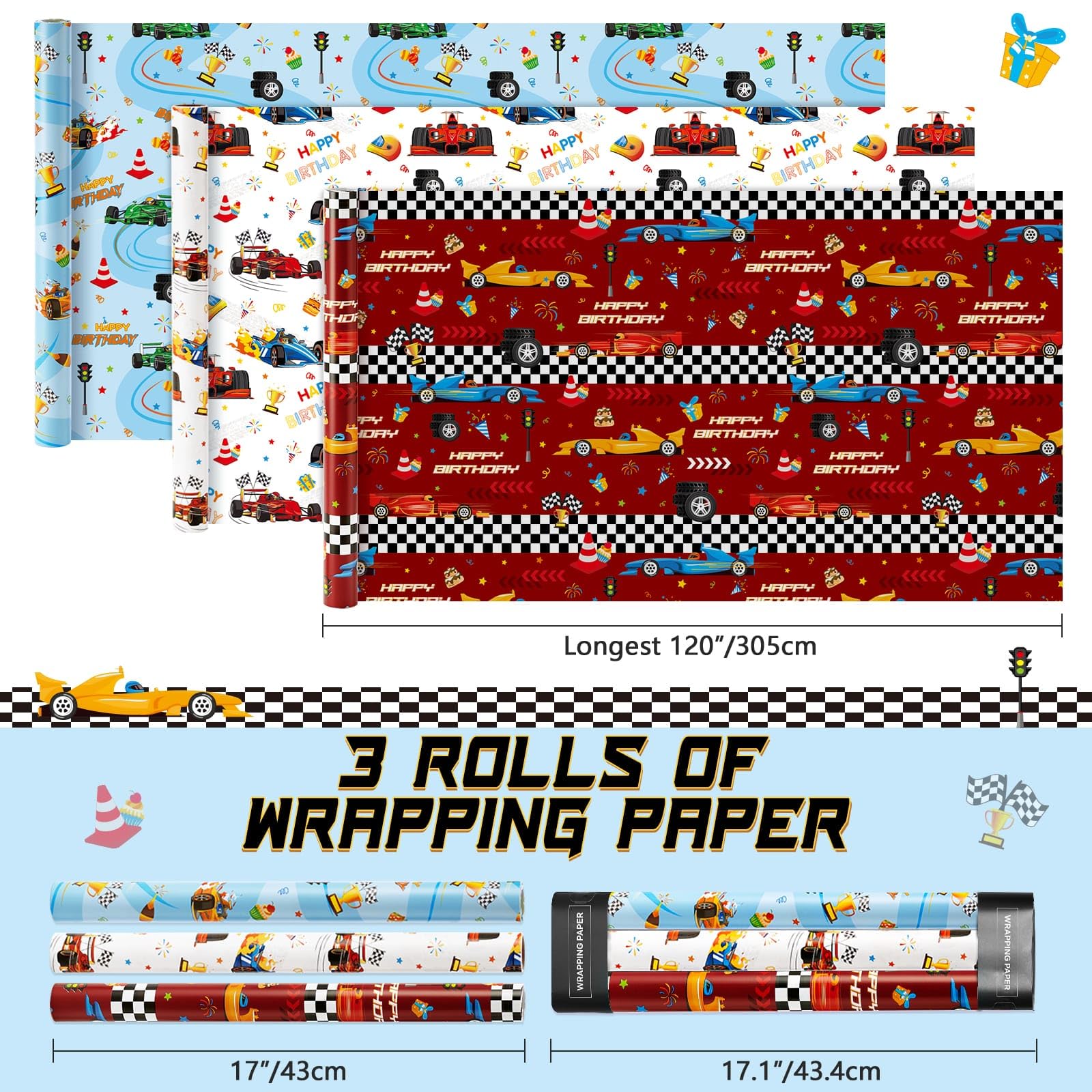 Snapklik.com : WERNNSAI Race Car Wrapping Paper Rolls - 3 Short Rolls ...