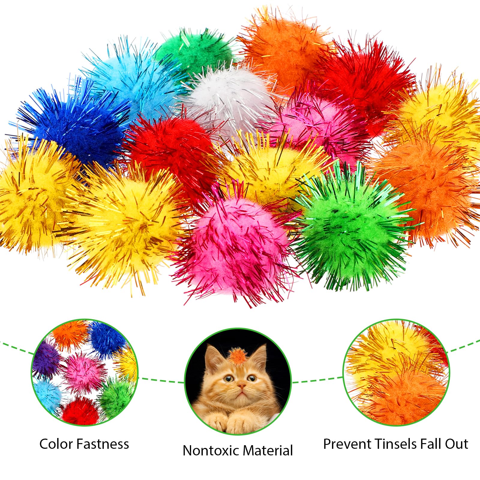 100 Pcs Cat Pom Pom Balls 1 Inch Assorted Color Flash Ball Cat’s ...
