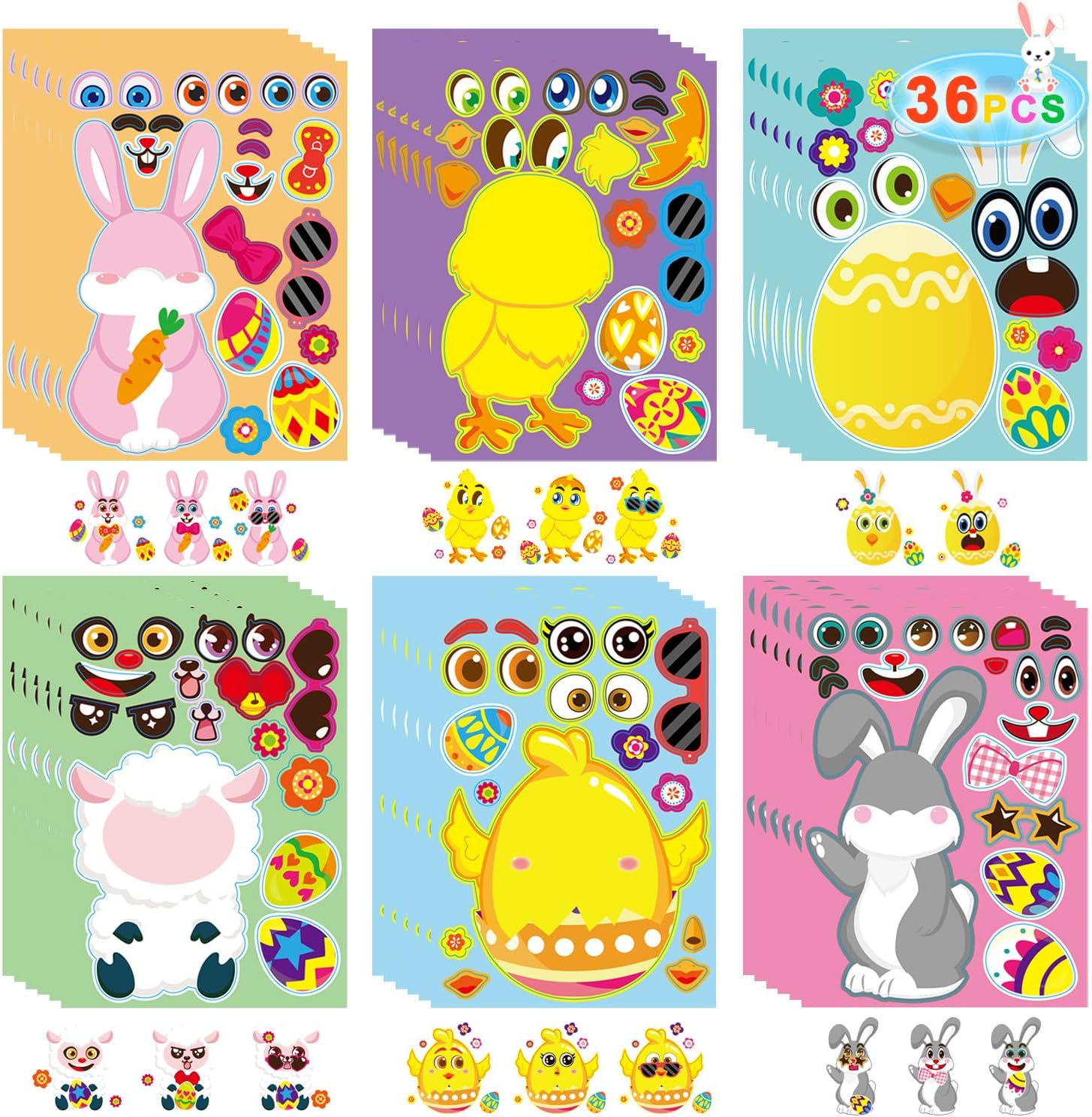Amazon.com: JIALWEN Easter Stickers for Kids, 36 Sheets Make a Face ...