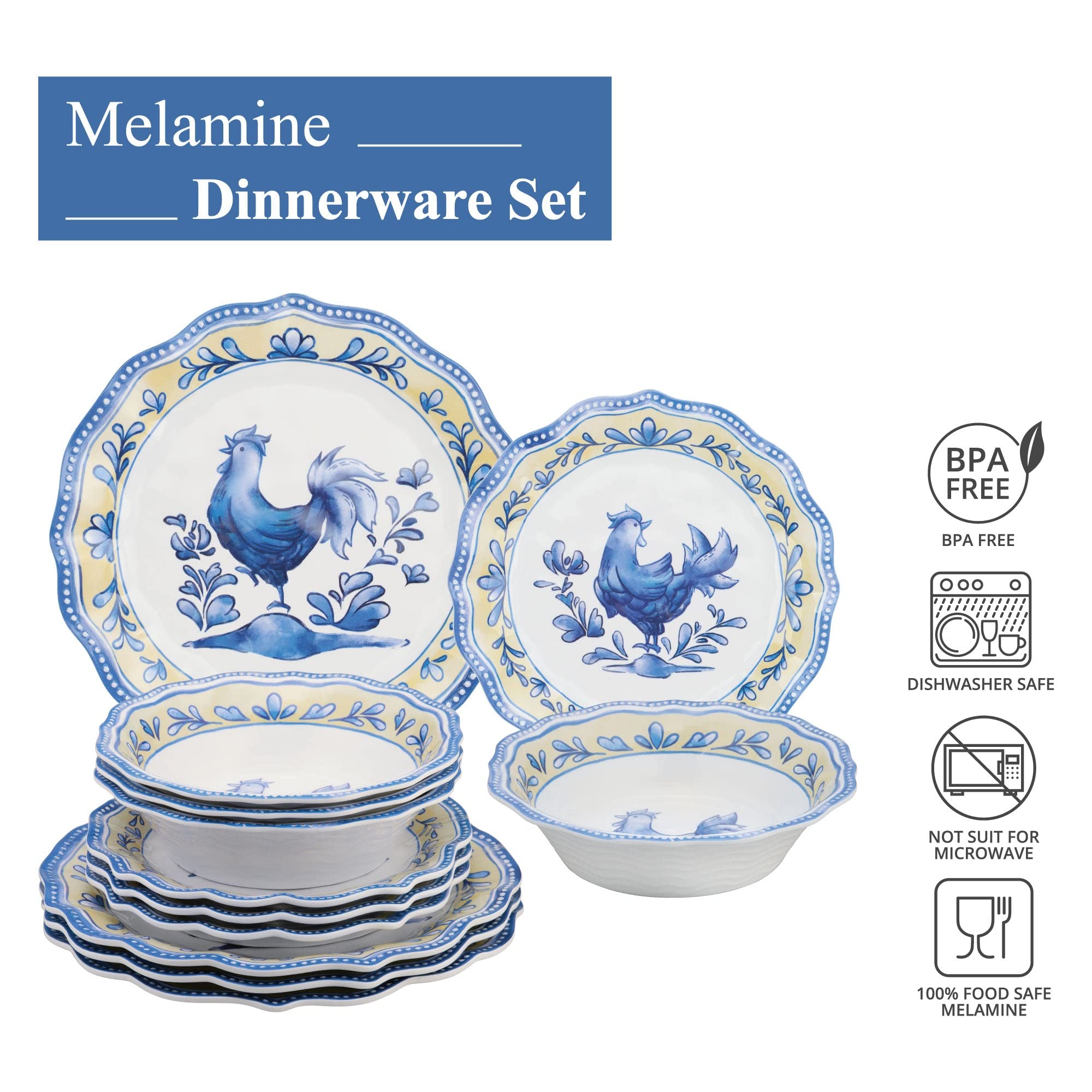 Snapklik.com : UPware 12 Piece Blue Rooster Melamine Dinnerware Sets