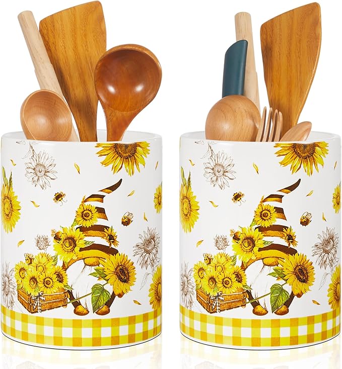 Amazon.com: 2 Pack Sunflower Kitchen Utensil Holder Ceramic Storage ...