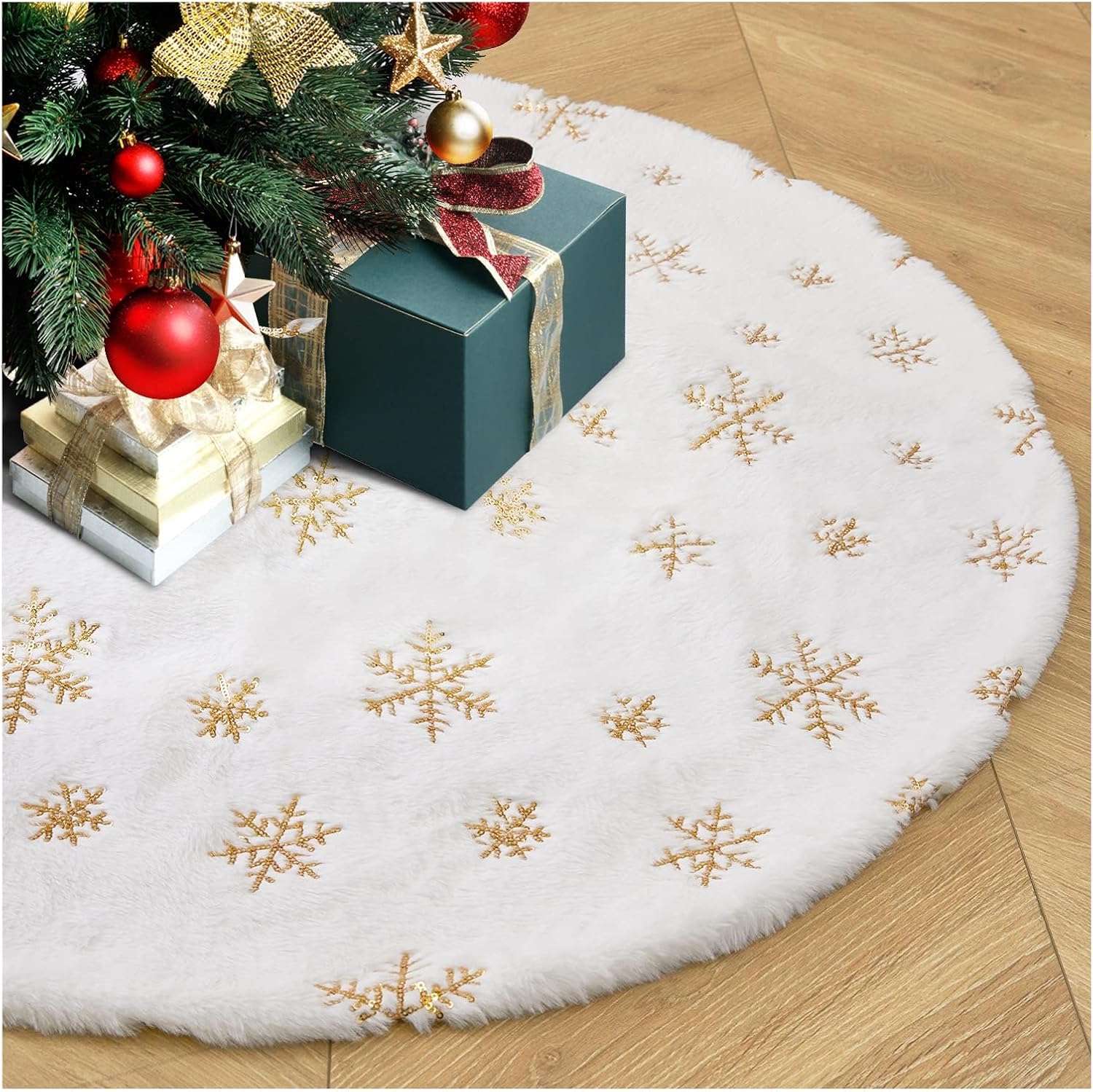 Christmas Tree Skirt, 36 inches White Soft Plush Tree Skirt, Gold ...
