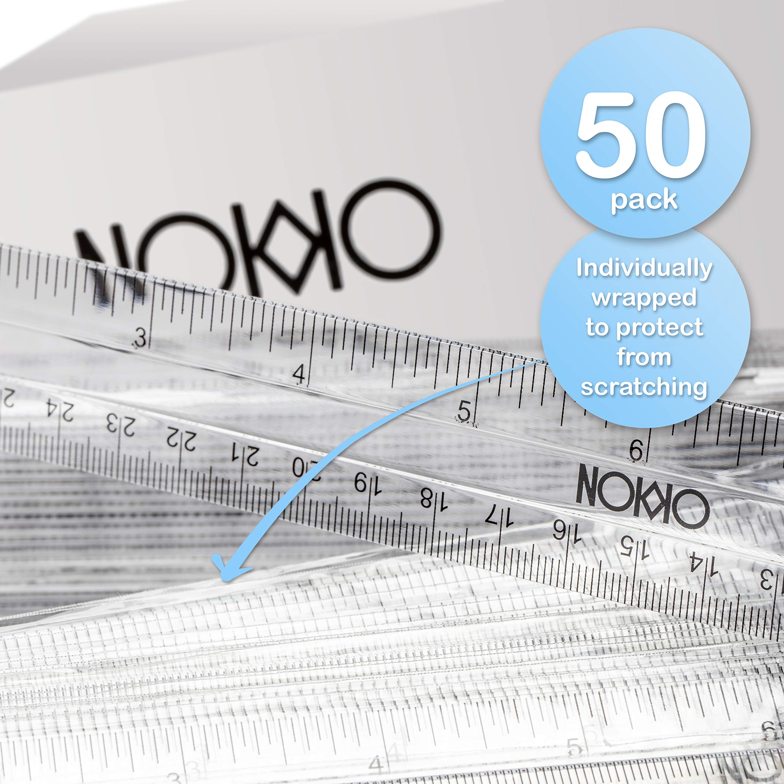 NOKKO Clear Plastic Rulers Bulk 50 Piece Pack - Transparent 12 Inch ...