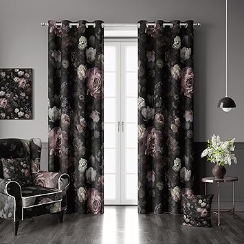 Amazon.com: LADYVOGUE 100% Blackout Curtains 2 Panels Set Black Pink Floral Rose Black Out ...