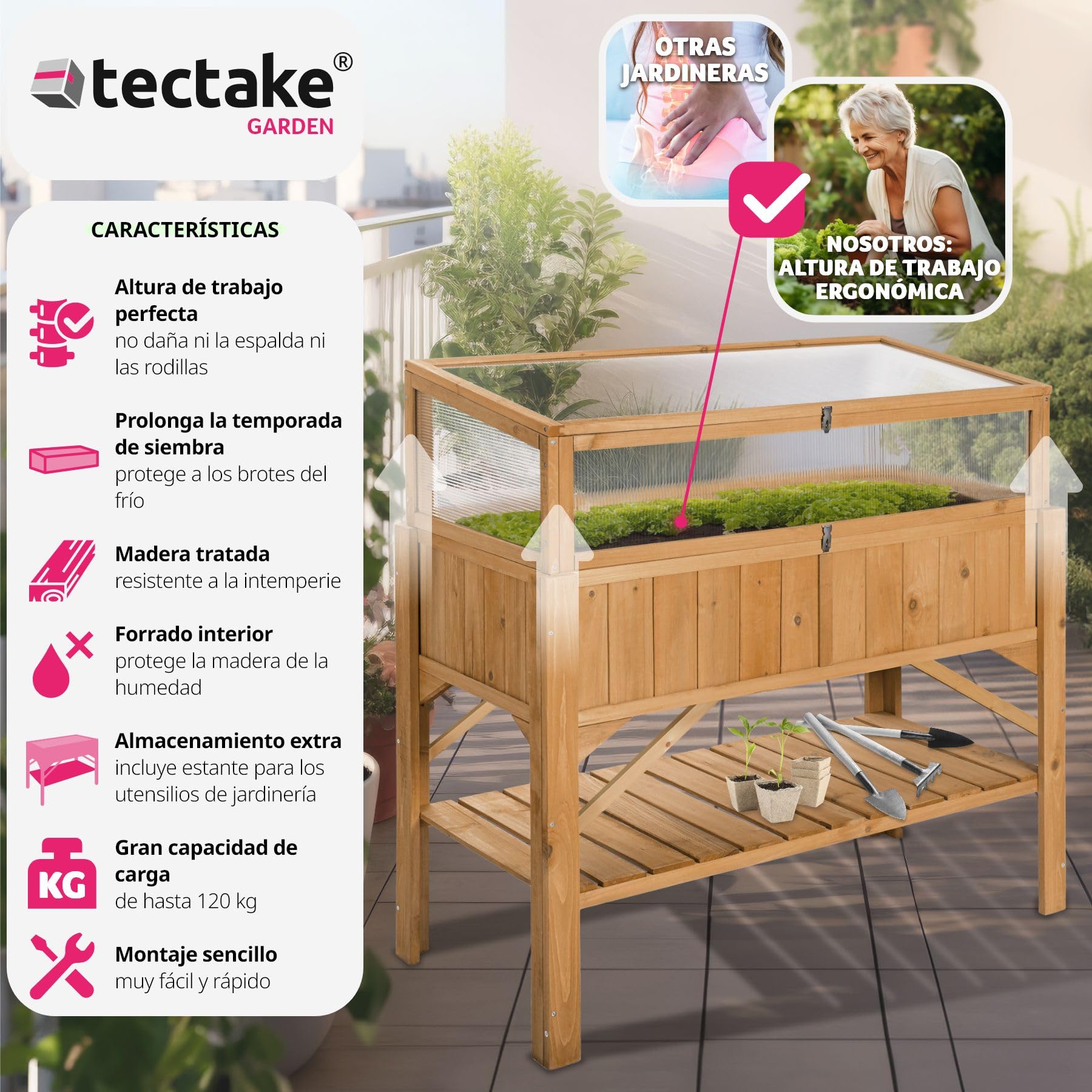 Jardinera De Cama Completa JARA, Macetero Rectangular De Baja Altura