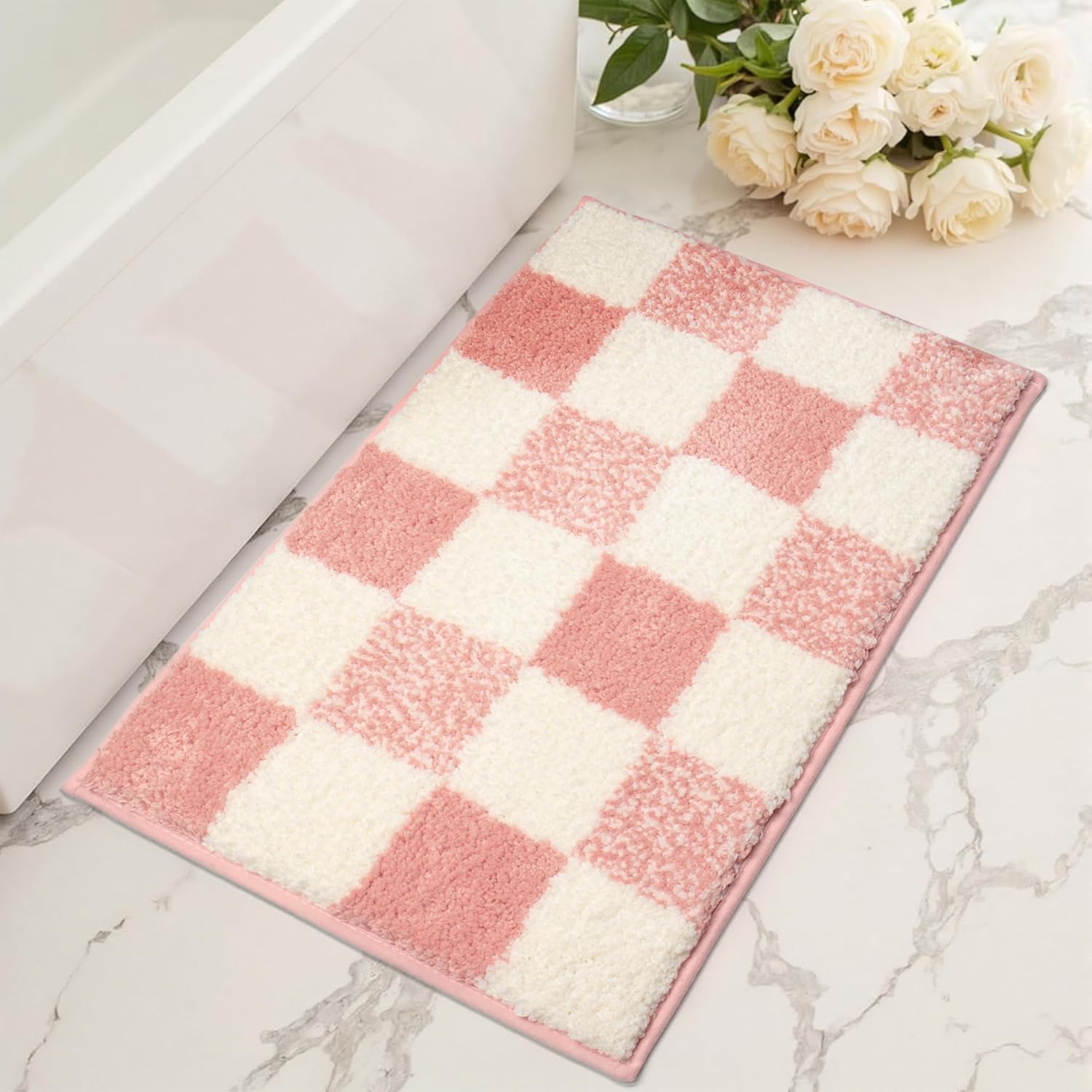 Amazon.com: Checkered Bath mats for Bathroom Pink Bathroom Rugs Non ...
