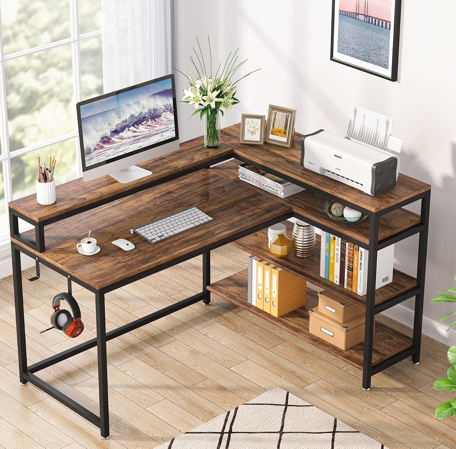 Tribesigns Reversible L Shaped Computer Desk with Storage Shelf ...