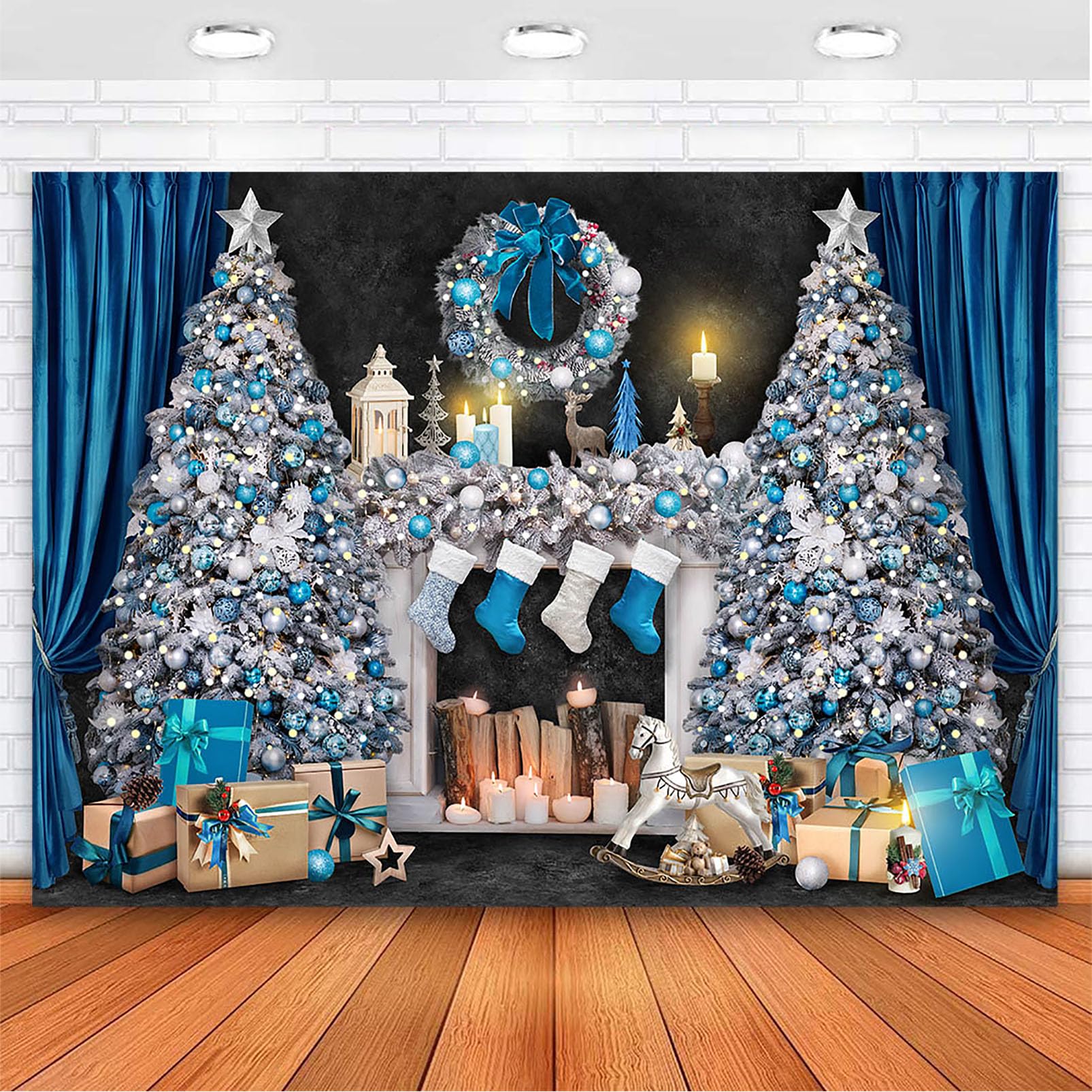 Amazon.com : Avezano 10x7ft Christmas Fireplace Backdrop Blue Christmas ...