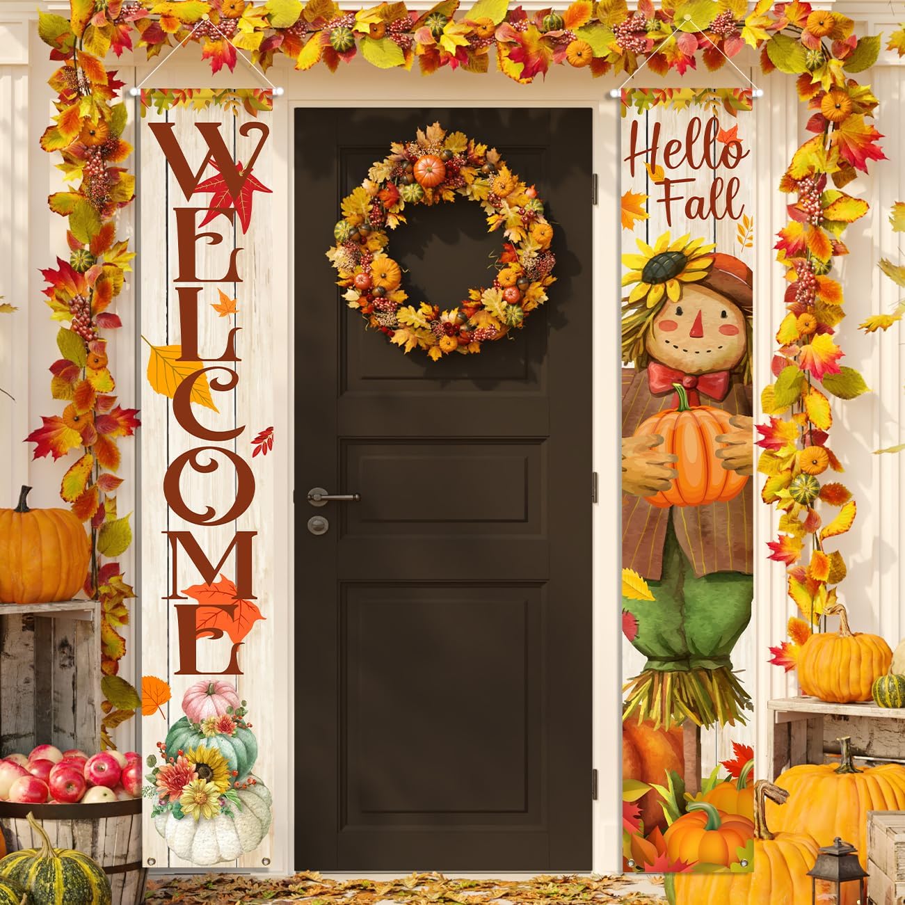 Amazon.com: Hello Fall Porch Decor Welcome Hanging Banner Thanksgiving ...