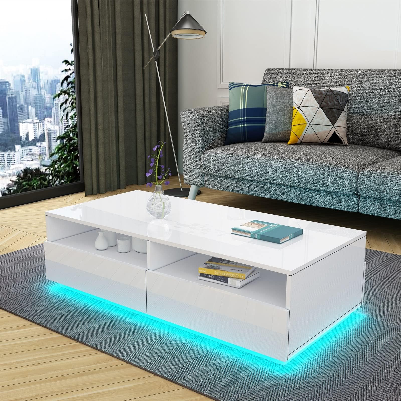 White Coffee Tables with Storage, Wooden Centre Table High Gloss with 4 ...