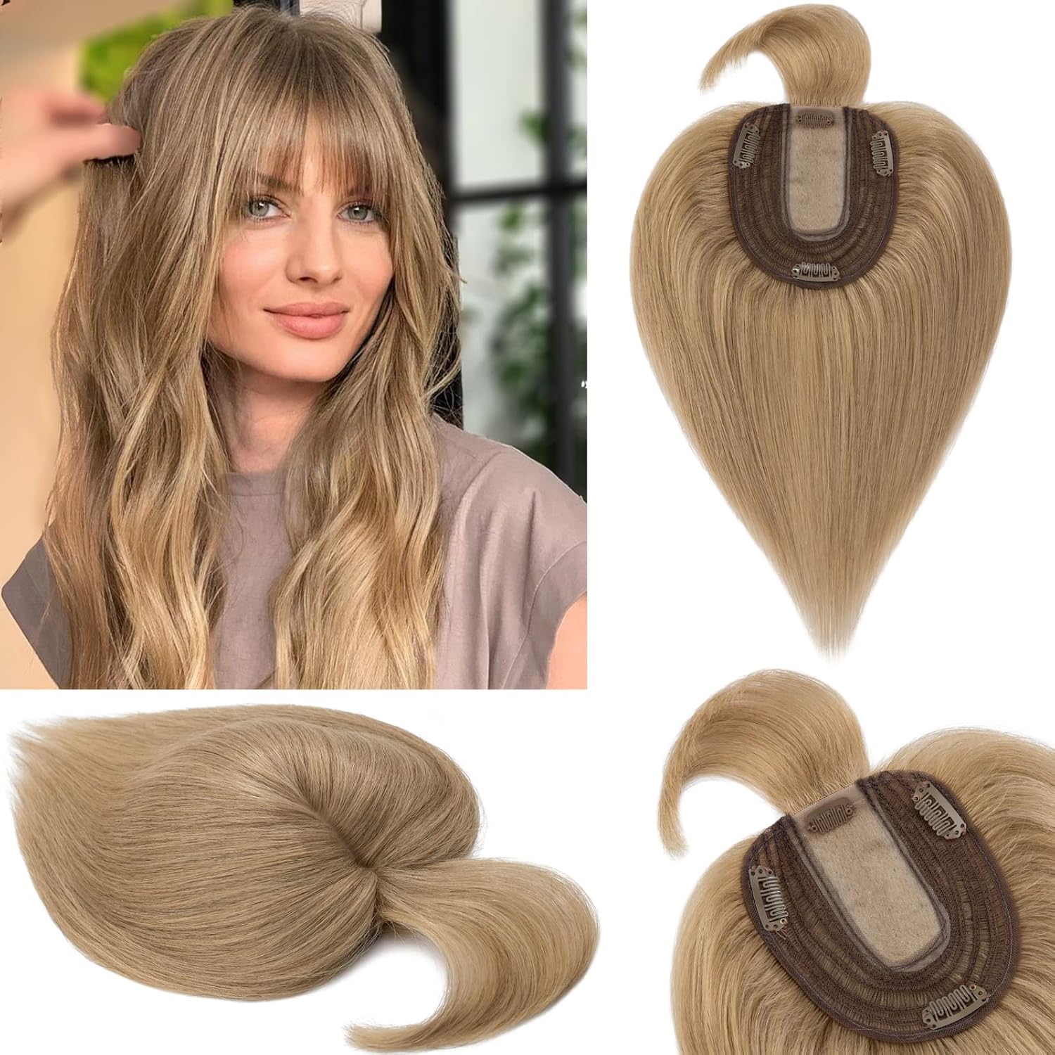 Amazon.com : S-noilite Real Human Hair Toppers with Bangs - Clip in ...