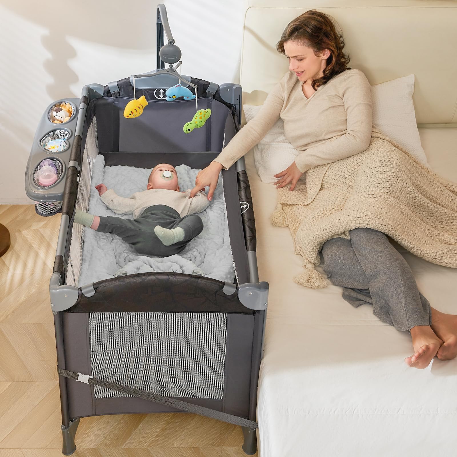 Amazon.com : RONBEI Baby Bedside Sleeper Bassinet Playpen Playards with ...