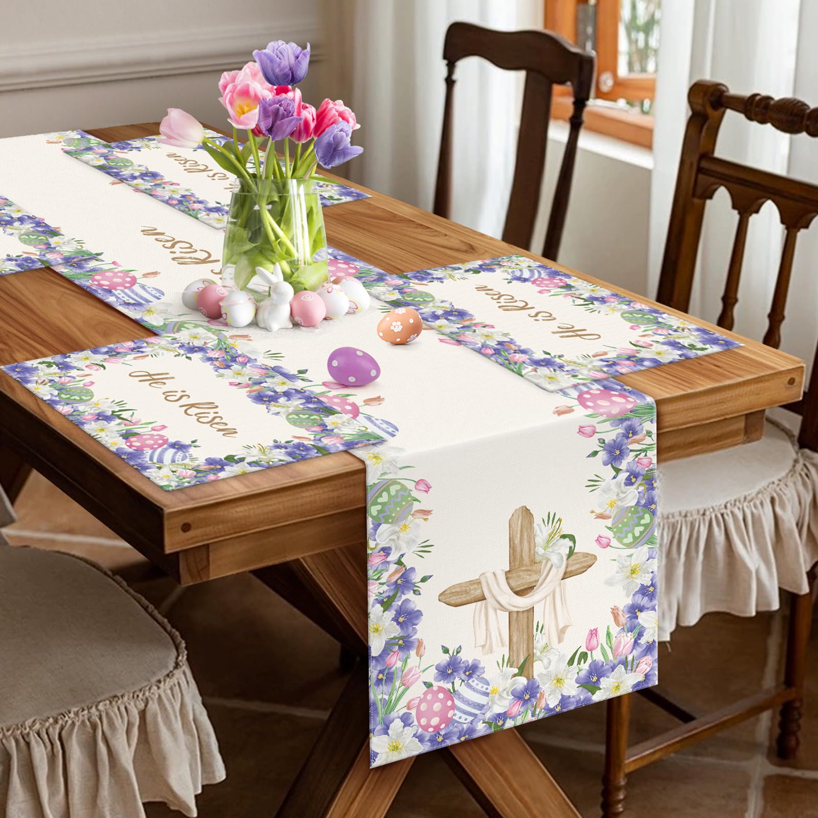 Amazon.com: 5pcs He is Risen Easter Table Runner and Placemats Set ...