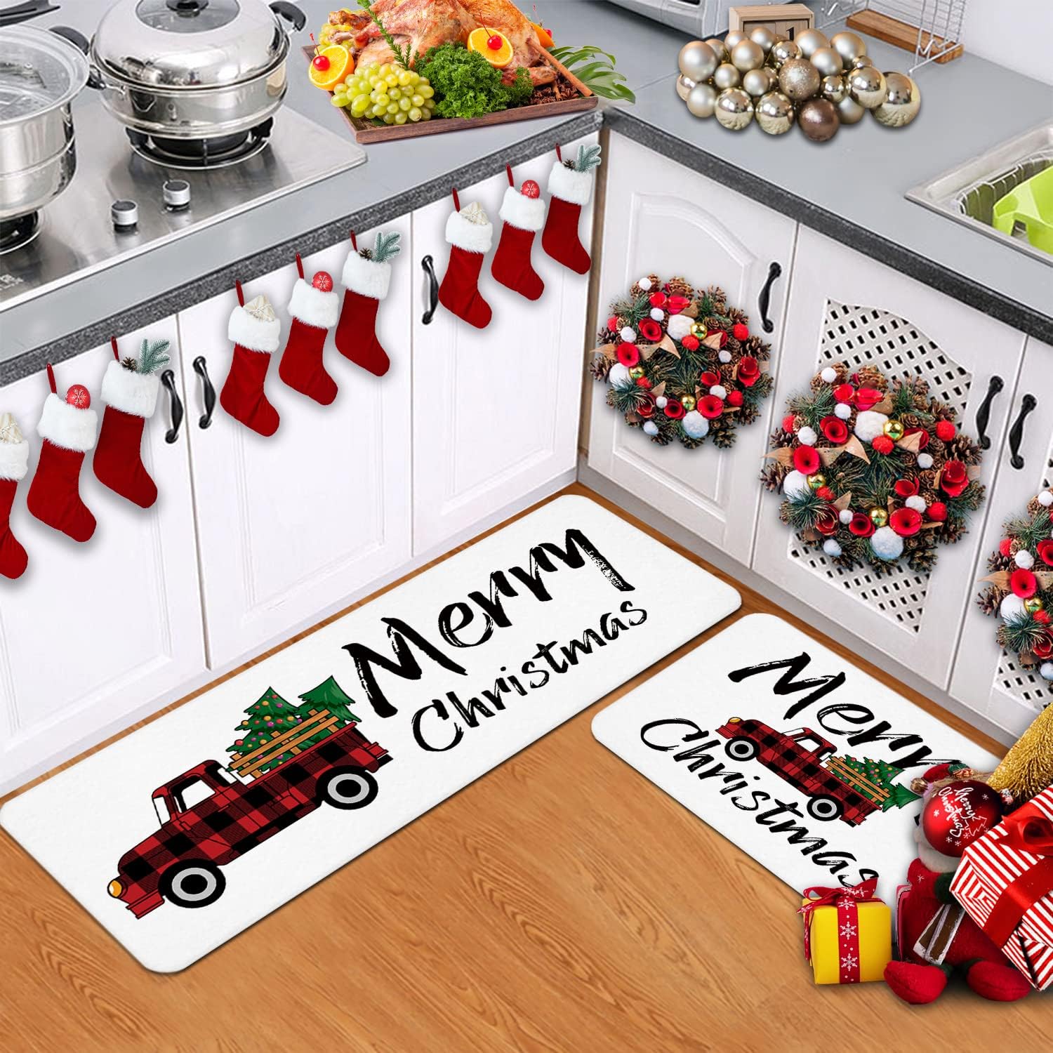 Amazon.com: Christmas Kitchen Rug Set 2 Pieces White Cushioned Kitchen ...