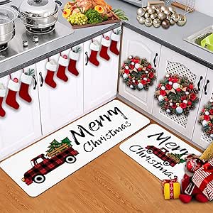 Amazon.com: Christmas Kitchen Rug Set 2 Pieces White Cushioned Kitchen ...