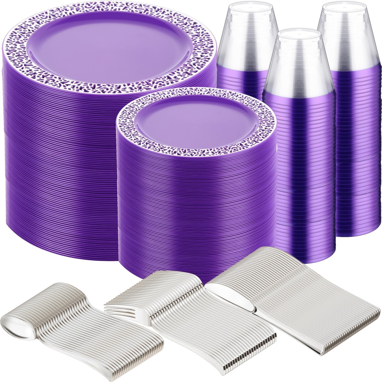 Amazon.com: Norme 450 Pcs Purple Silver Plastic Party Plates Sets ...