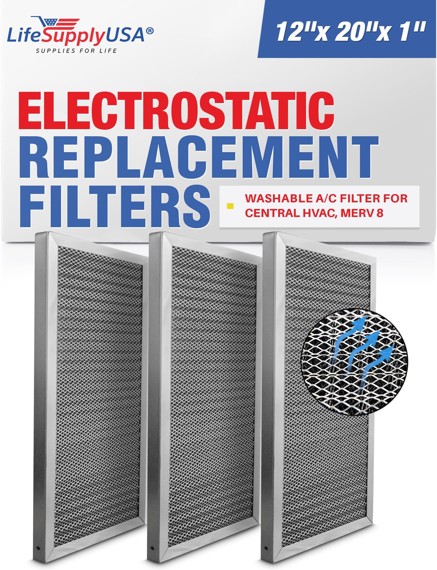 LifeSupplyUSA (12x20x1) Aluminum Electrostatic Air Filter Replacement ...