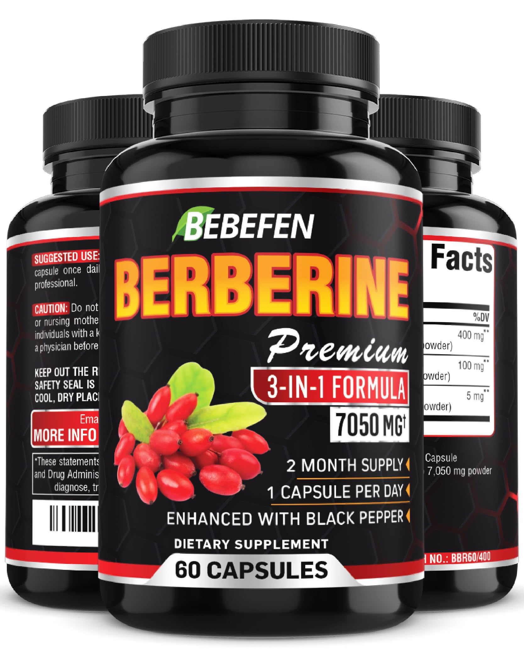 Berberine Extract Capsules - 7050mg Formula Pills with Black Pepper ...